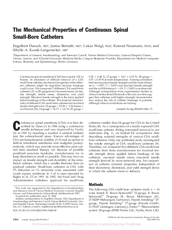 (PDF) The Mechanical Properties of Continuous Spinal Small-Bore Catheters