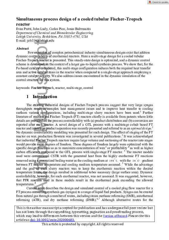 (PDF) Simultaneous Process Design of a Cooled Tubular Fischer–Tropsch ...
