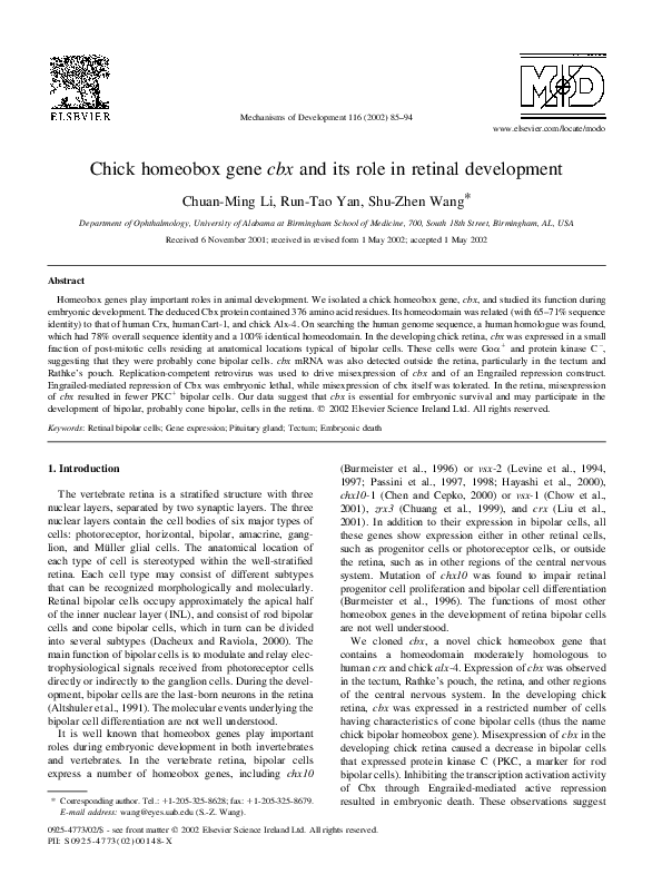 (PDF) Chick homeobox gene cbx and its role in retinal development