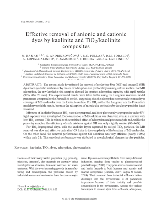 (PDF) Effective removal of anionic and cationic dyes by kaolinite and ...