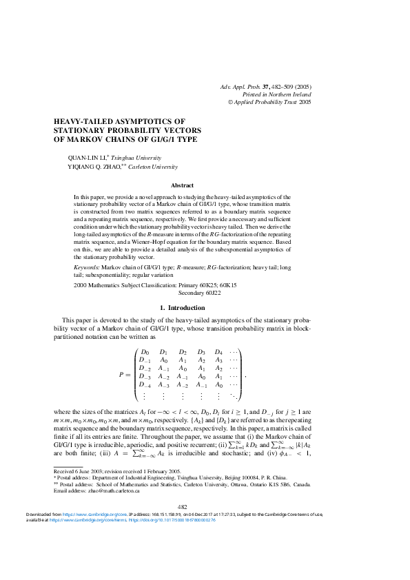 (PDF) Heavy-tailed Asymptotics in GI/G/1 Markov Chains