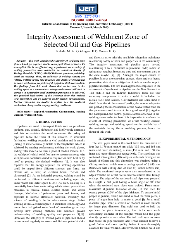 (PDF) Integrity Assessment of Weldment Zone of Selected Oil and Gas Pipelines | M.A. Bodude ...