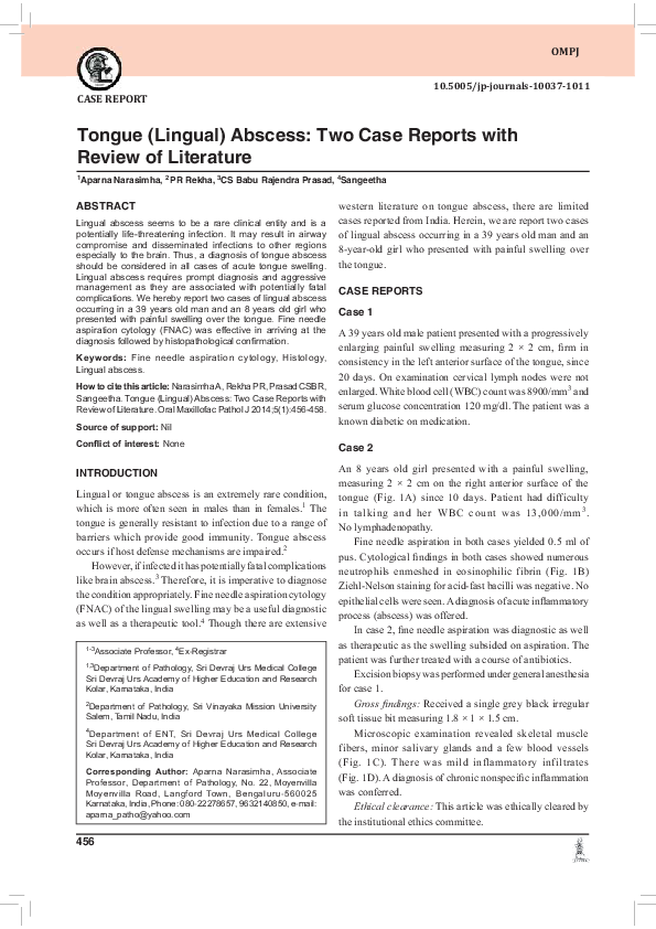(PDF) Tongue (Lingual) Abscess: Two Case Reports with Review of Literature