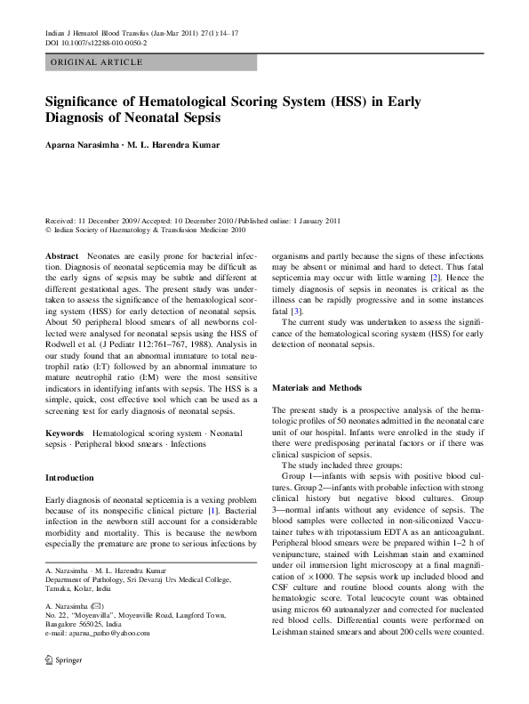(PDF) Significance of Hematological Scoring System (HSS) in Early ...