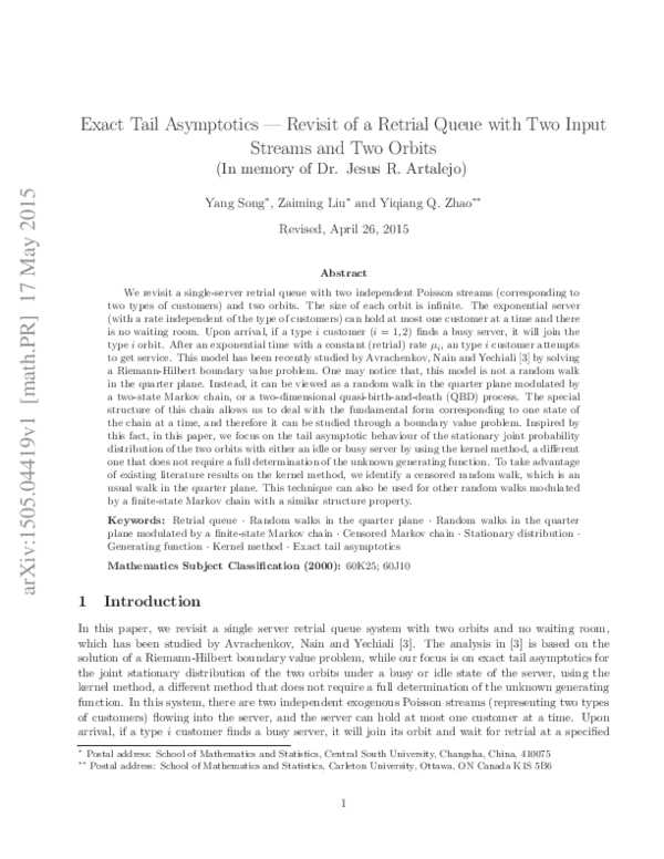 Pdf Exact Tail Asymptotics Revisit Of A Retrial Queue With Two Input Streams And Two Orbits