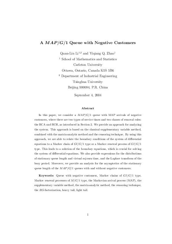 (PDF) A MAP/G/1 Queue with Negative Customers