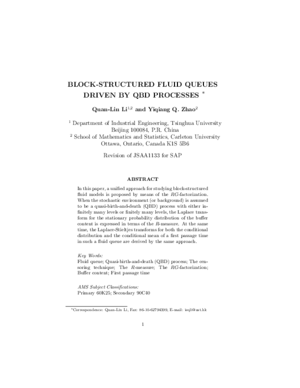 (PDF) Block-Structured Fluid Queues Driven by QBD Processes