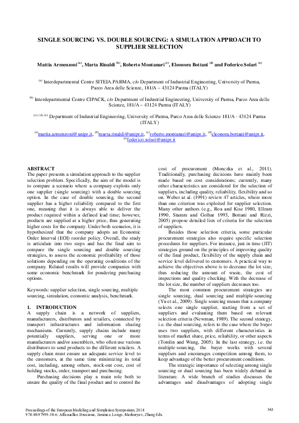 Single Sourcing Vs Double Sourcing A Simulation Approach For Supplier Selection