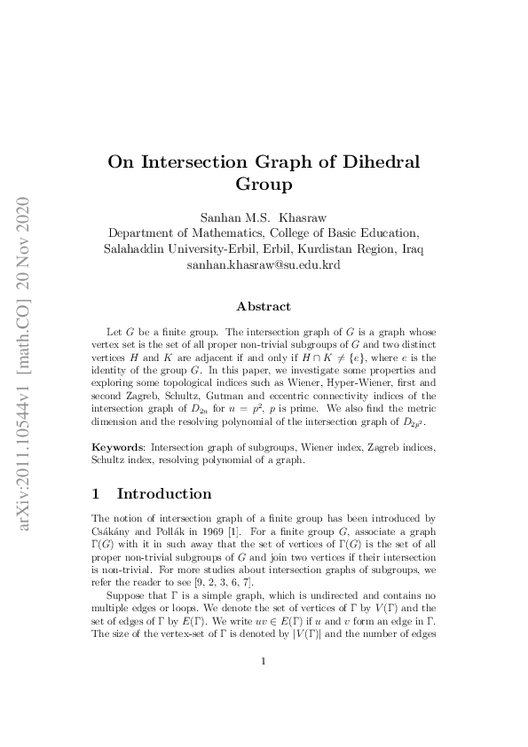 (PDF) On intersection graph of dihedral group