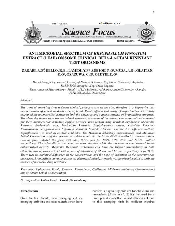 (PDF) ANTIMICROBIAL SPECTRUM OF BRYOPHYLLUM PINNATUM EXTRACT (LEAF) ON SOME CLINICAL BETA-LACTAM ...