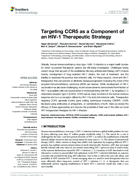 (PDF) Targeting CCR5 as a Component of an HIV-1 Therapeutic Strategy