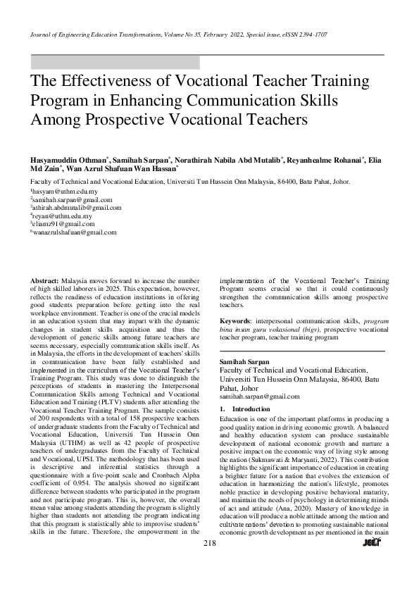 (PDF) The Effectiveness of Vocational Teacher Training Program in ...