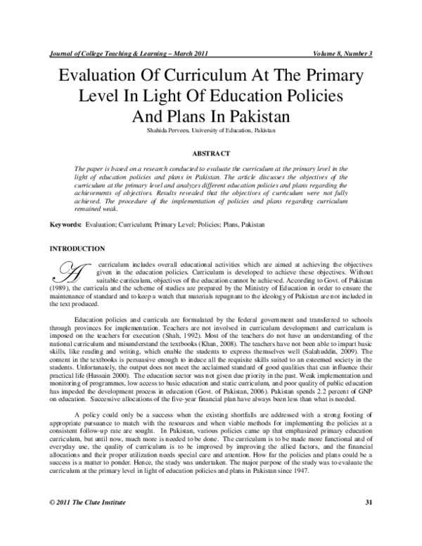 (PDF) Evaluation Of Curriculum At The Primary Level In Light Of ...