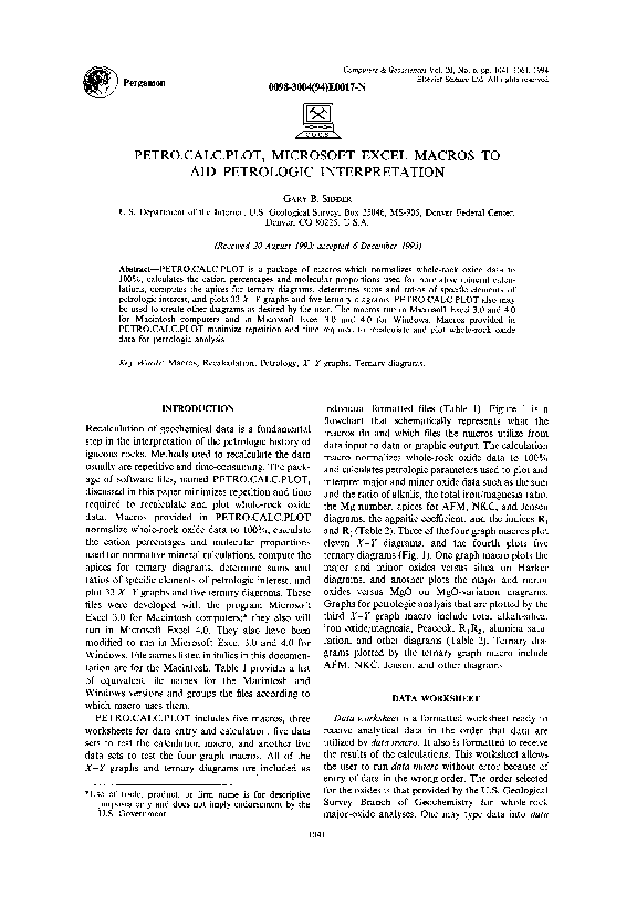 (PDF) PETRO.CALC.PLOT, Microsoft Excel macros to aid petrologic interpretation