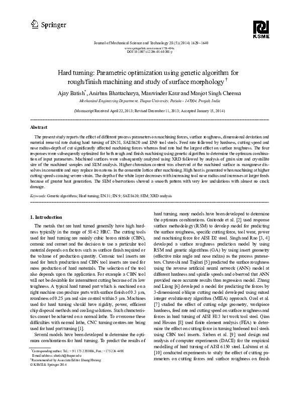 (PDF) Hard turning: Parametric optimization using genetic algorithm for rough/finish machining ...