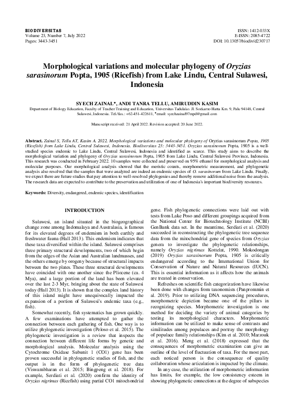 (PDF) Morphological variations and molecular phylogeny of Oryzias sarasinorum Popta, 1905 ...