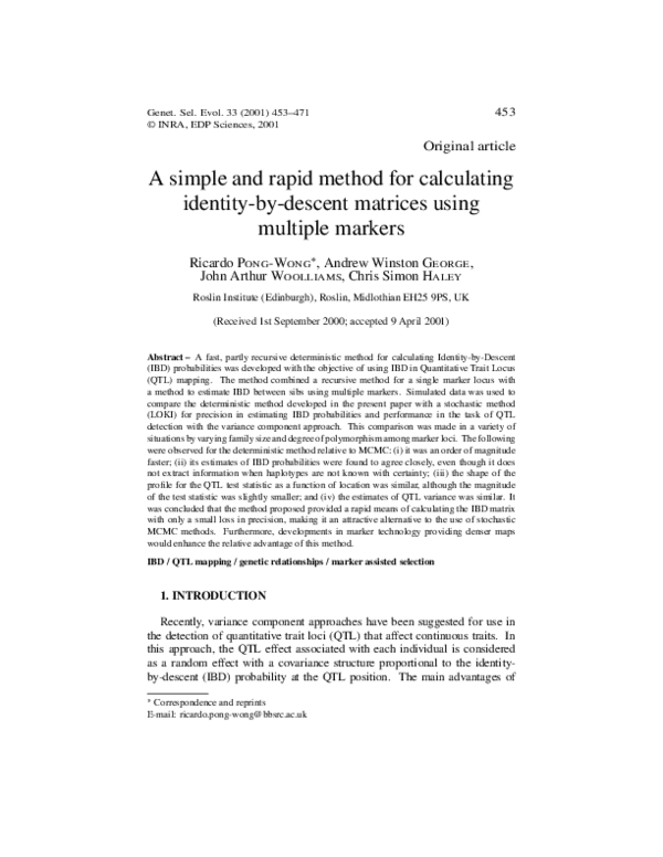 (PDF) A simple and rapid method for calculating identity-by-descent matrices using multiple markers