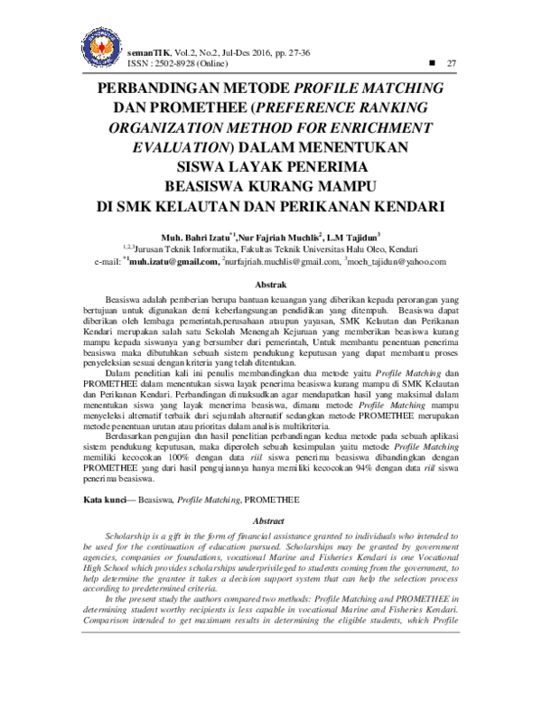 (PDF) Perbandingan Metode Profile Matching Dan Promethee (Preference Ranking Organization Method ...