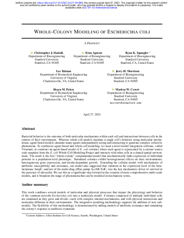 (PDF) Whole-Colony Modeling of Escherichia coli