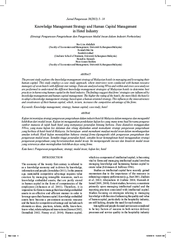 (PDF) Knowledge Management Strategy and Human Capital Management in Hotel Industry