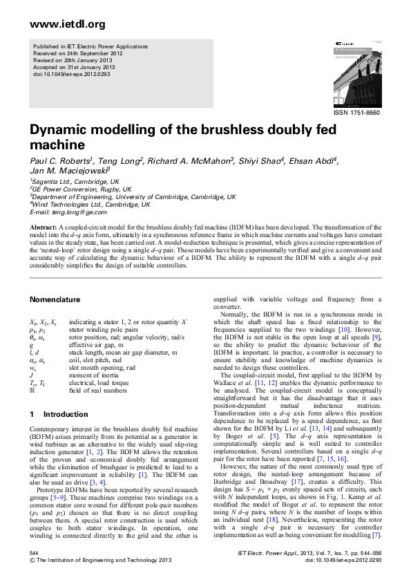 (PDF) Dynamic modelling of the brushless doubly fed machine