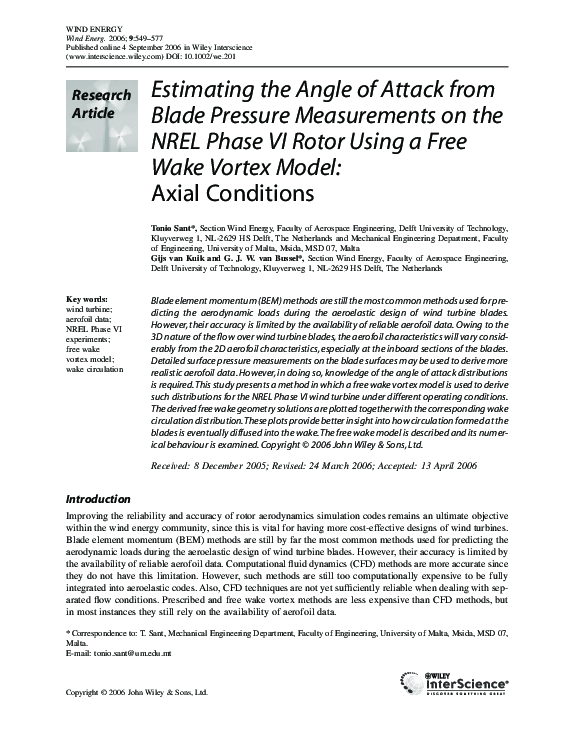 (PDF) Estimating the angle of attack from blade pressure measurements on the NREL Phase VI rotor ...