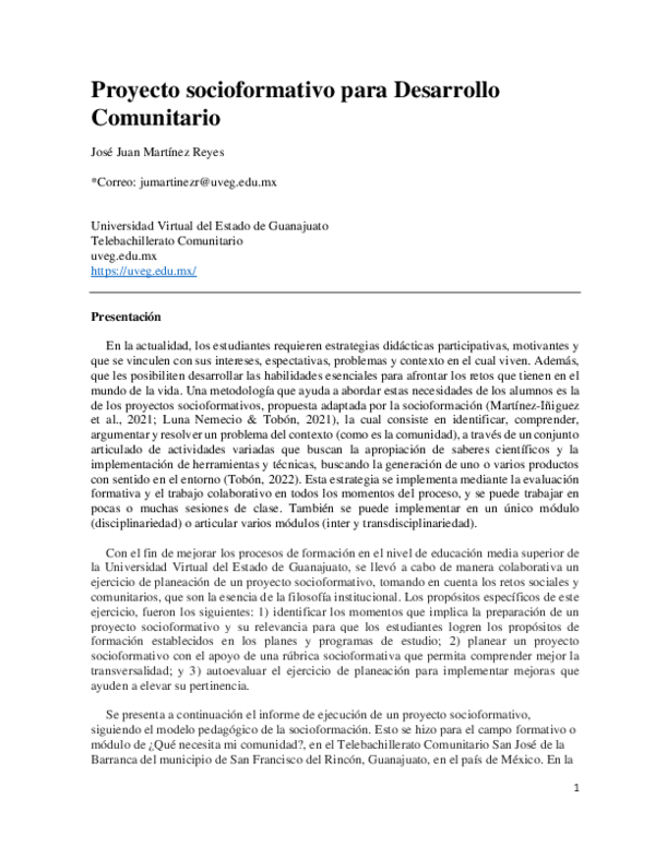 (PDF) Proyecto socioformativo para Desarrollo Comunitario