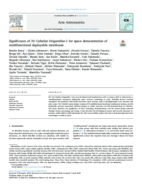 (PDF) Significance of 3U CubeSat OrigamiSat-1 for space demonstration ...