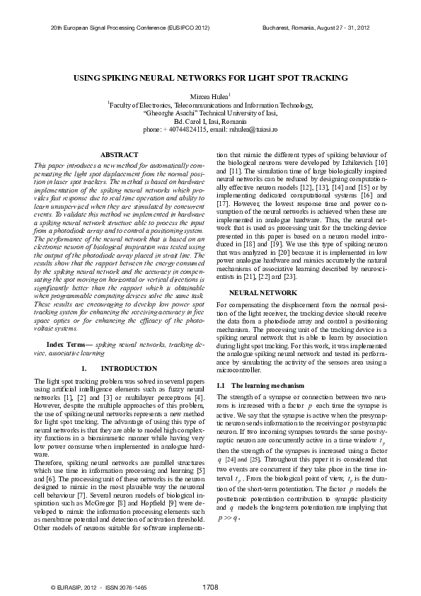 (PDF) Using spiking neural networks for light spot tracking