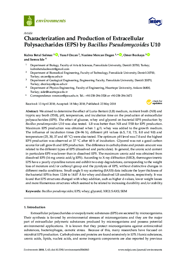 Pdf Characterization And Production Of Extracellular Polysaccharides Eps By Bacillus