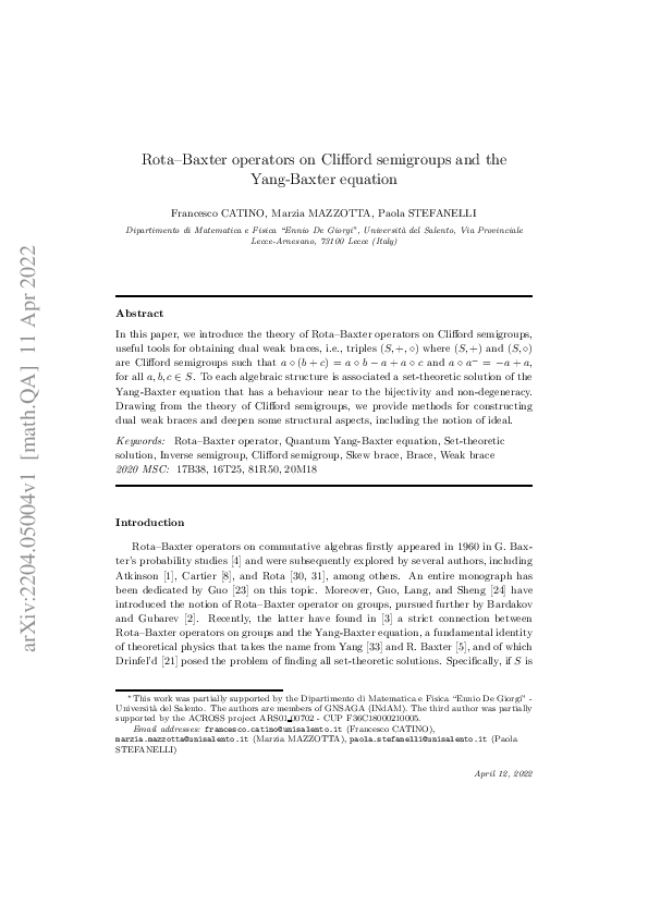(PDF) Rota-Baxter operators on Clifford semigroups and the Yang-Baxter equation