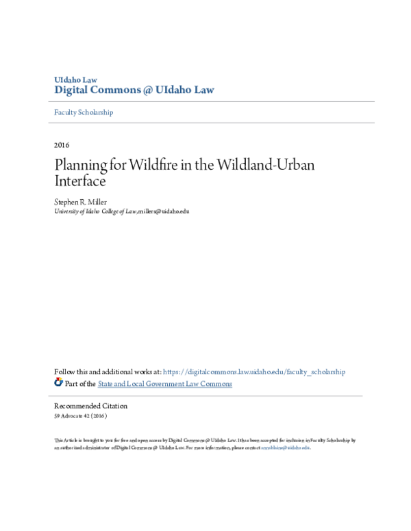 Pdf Planning For Wildfire In The Wildland Urban Interface A Resource