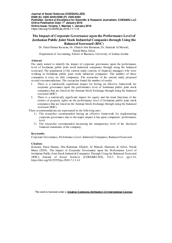 (PDF) The Impact of Corporate Governance upon the Performance Level of Jordanian Public Joint ...