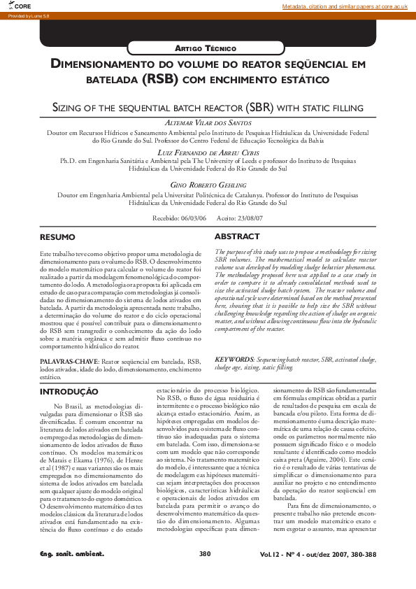 (PDF) Sizing of the sequential batch reactor (SBR) with static filling