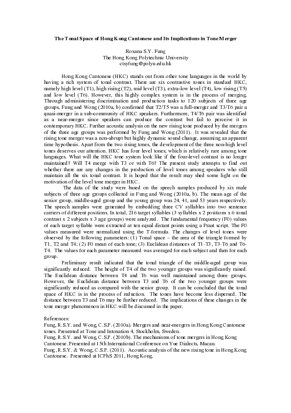 (PDF) The Tonal Space of Hong Kong Cantonese and Its Implications in ...