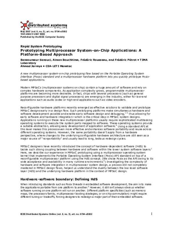 Pdf Prototyping Multiprocessor System On Chip Applications A Platform Based Approach