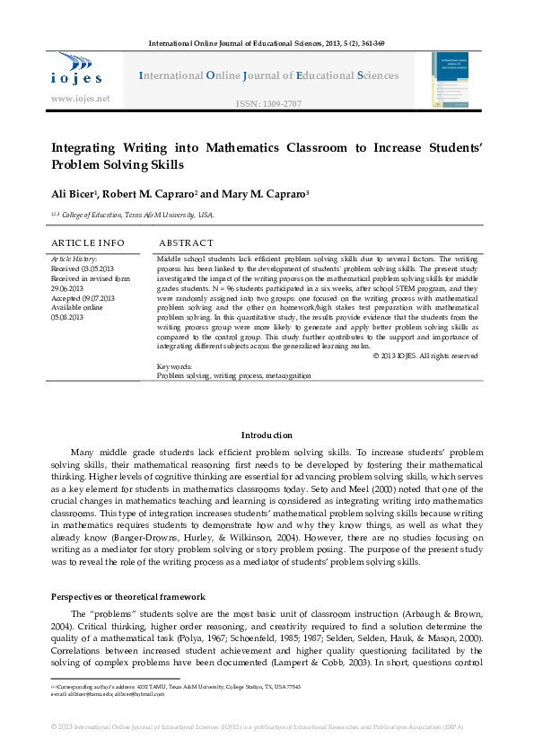(PDF) Integrating writing into mathematics classroom to increase students' problem solving skills