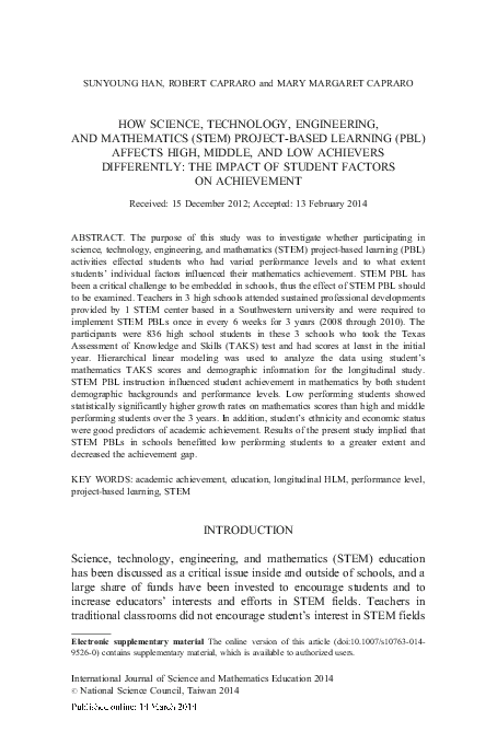 (PDF) How Science, Technology, Engineering, and Mathematics (Stem) Project-Based Learning (PBL ...