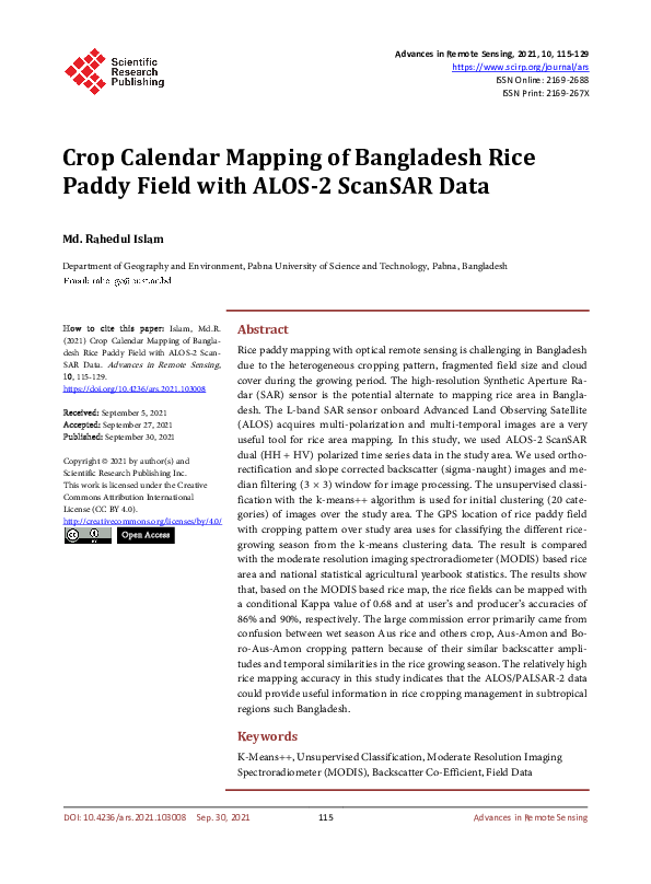 (PDF) Crop Calendar Mapping of Bangladesh Rice Paddy Field with ALOS-2 ...