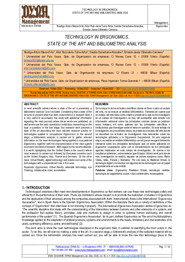 (PDF) Technologies in Ergonomics. State of the Art and Bibliometric ...