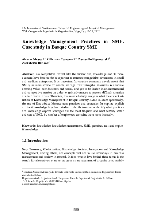 (PDF) Knowledge Management Practices in SME: Case Study in Basque Country SME