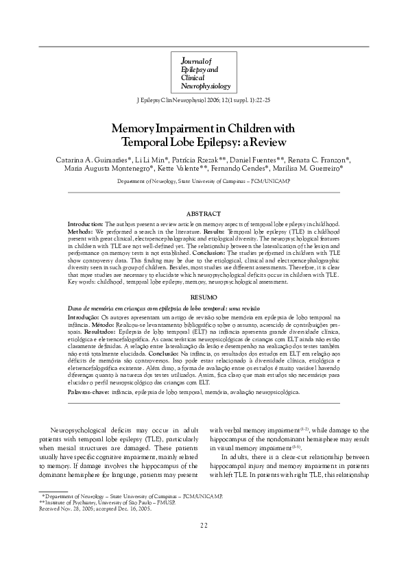 (PDF) Memory impairment in children with temporal lobe epilepsy: a review