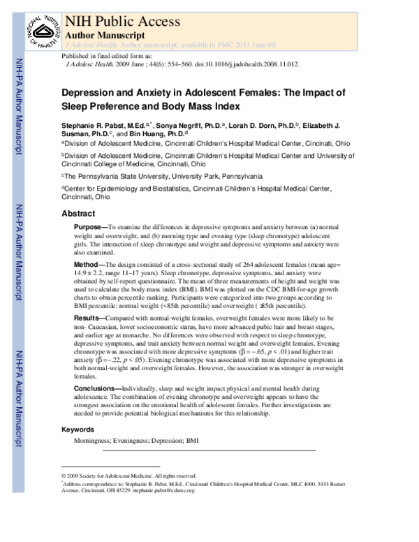 (PDF) Depression and Anxiety in Adolescent Females: The Impact of Sleep Preference and Body Mass ...