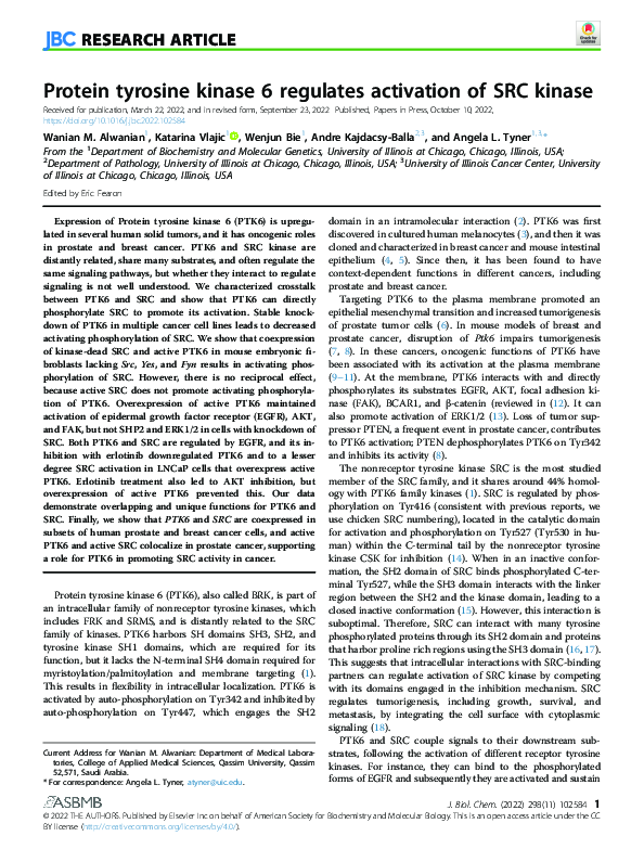 Pdf Protein Tyrosine Kinase 6 Regulates Activation Of Src Kinase
