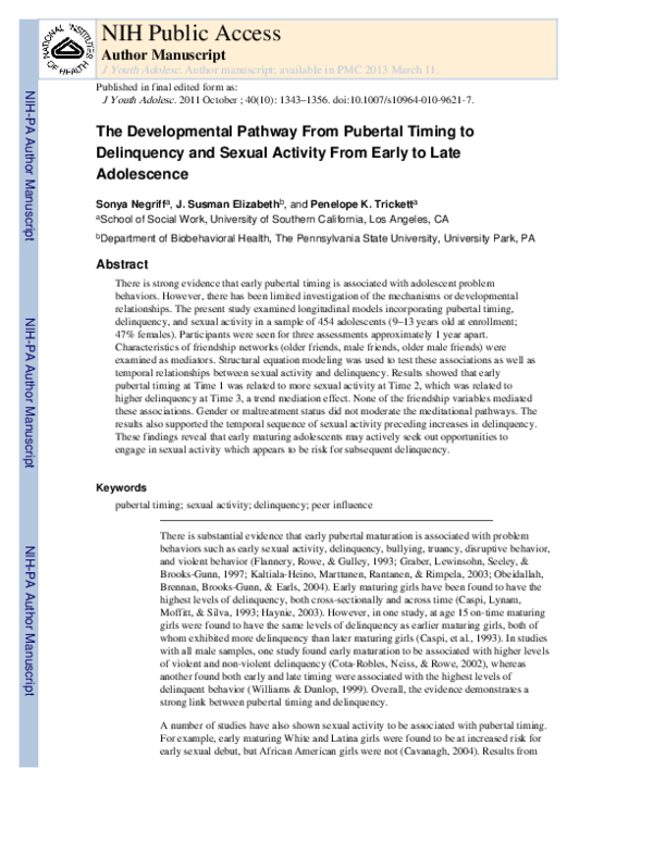 (PDF) The Developmental Pathway from Pubertal Timing to Delinquency and ...
