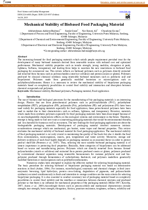 (PDF) Mechanical stability of Biobased Food packaging material. Food ...