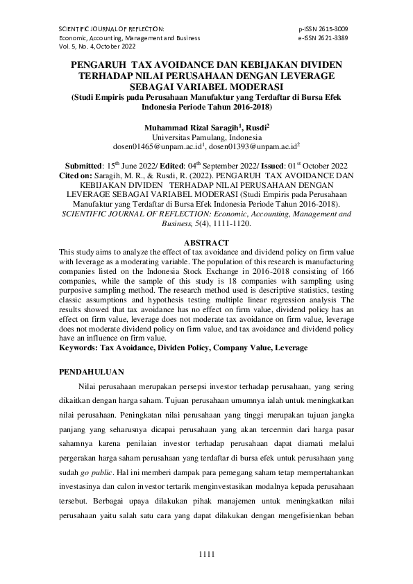 (PDF) PENGARUH TAX AVOIDANCE DAN KEBIJAKAN DIVIDEN TERHADAP NILAI PERUSAHAAN DENGAN LEVERAGE ...