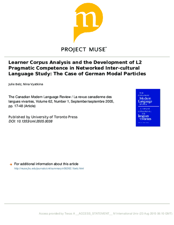 (PDF) Learner Corpus Analysis and the Development of L2 Pragmatic Competence in Networked Inter ...