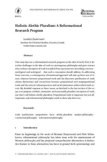 (PDF) Holistic Alethic Pluralism: A Reformational Research Program