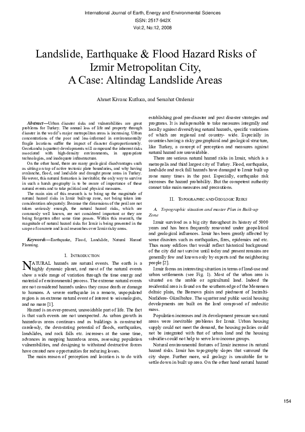 (PDF) Landslide, Earthquake And Flood Hazard Risks Of Izmir Metropolitan City, A Case: Altindag ...